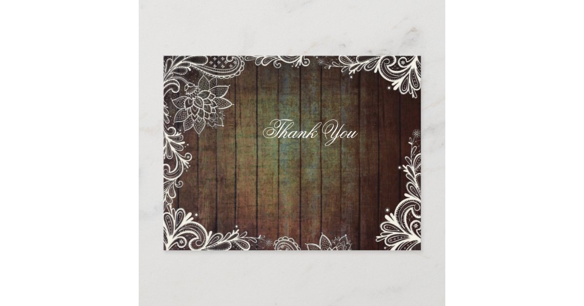 country barn wood lace rustic wedding thank you postcard | Zazzle