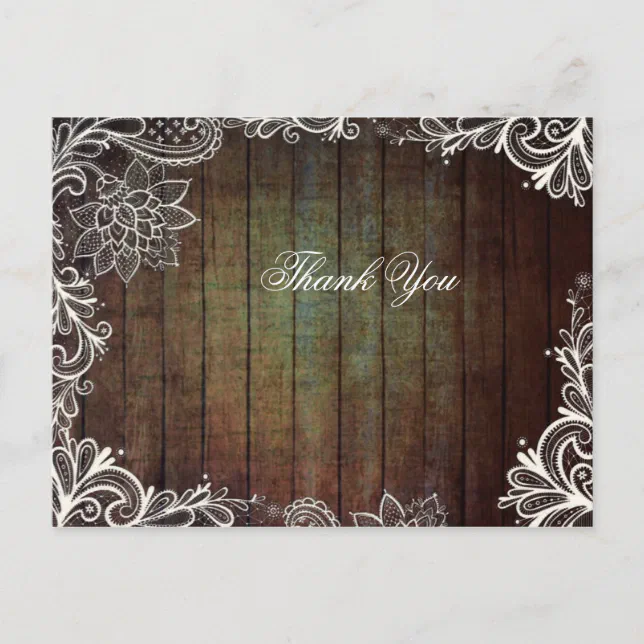 country barn wood lace rustic wedding thank you postcard | Zazzle