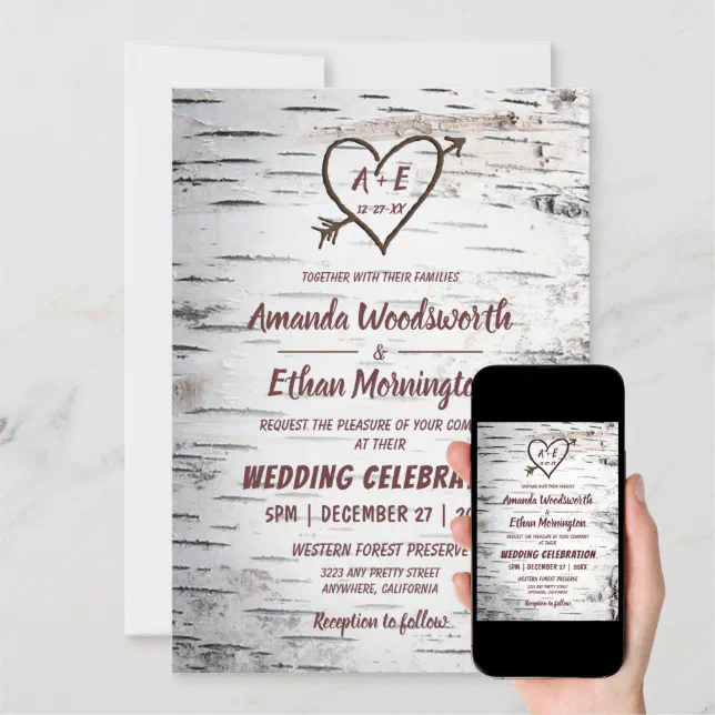 Country Birch Tree Bark Heart Arrow Rustic Wedding Invitation | Zazzle