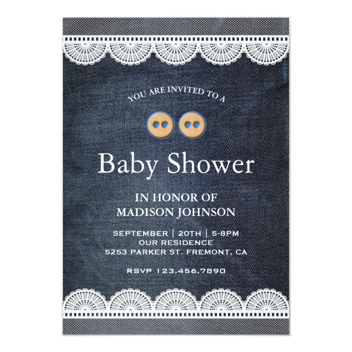 Country Blue Denim White Lace Baby Shower Invitation | Zazzle.com