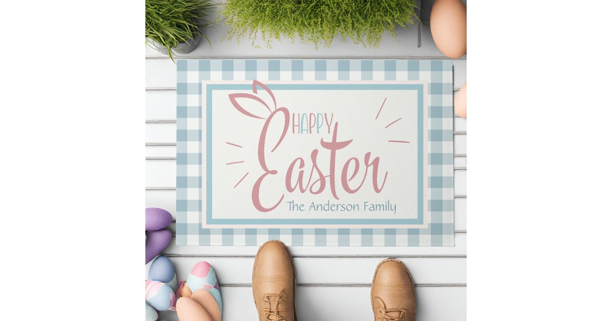 Country Blue Gingham Happy Easter Personalized Doormat | Zazzle
