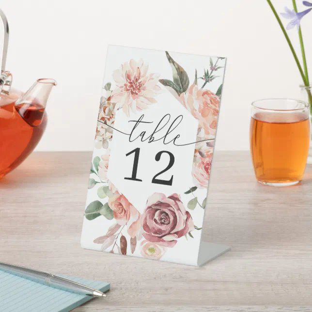 Country Boho Rose Wedding Table Numbers Pedestal Sign | Zazzle