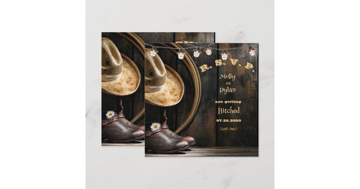 Country Boots Hat & Barnwood Wedding RSVP Card | Zazzle