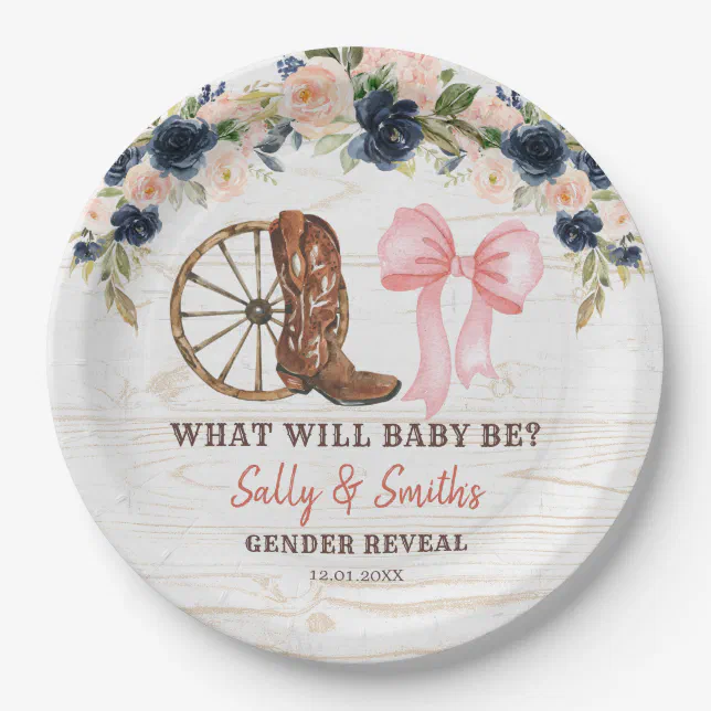 Country Boots or Bows Gender Reveal Paper Plate | Zazzle