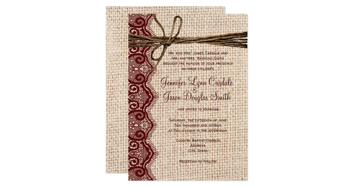 Country Burlap Maroon Lace Twine Wedding Invites | Zazzle