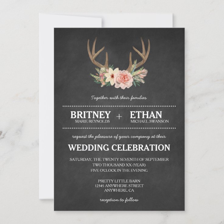 Country Chalkboard Deer Antler Wedding Invitations | Zazzle