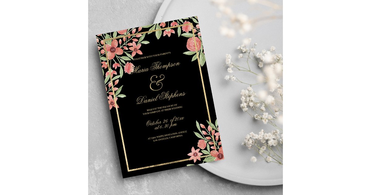 Country Chic Black Gold Pink Green Floral Wedding Invitation | Zazzle