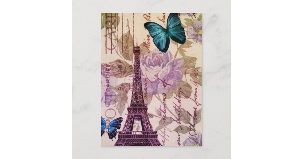 country Chic Floral butterfly Paris Eiffel Tower Postcard | Zazzle