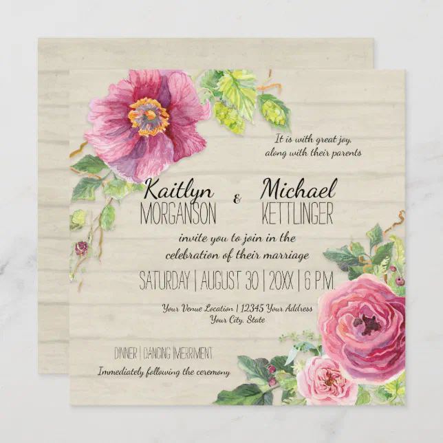 Country Chic Rustic Floral Rose Peony Wood Fence Invitation | Zazzle