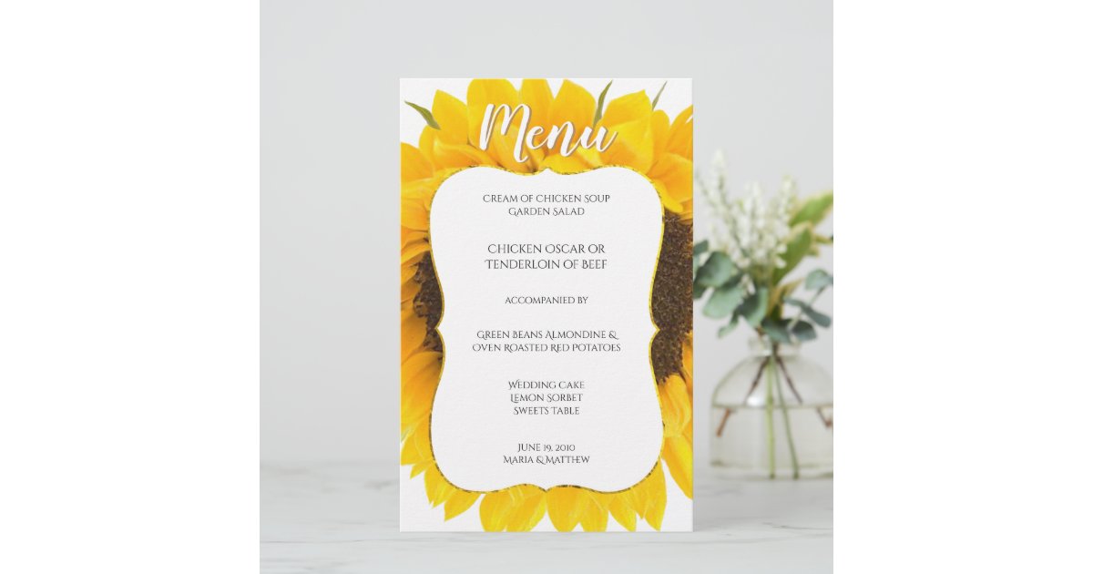 Country Chic Sunflower Wedding Reception Menu | Zazzle