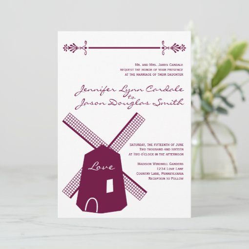 Country Dutch Windmill Purple Wedding Invitations | Zazzle