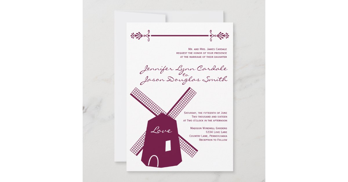 Country Dutch Windmill Purple Wedding Invitations | Zazzle