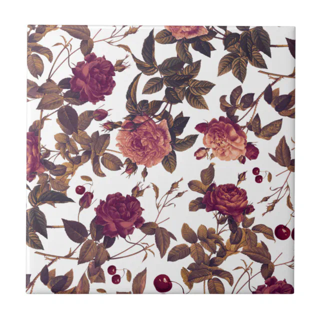 Country Farmhouse Burgundy Rose Cherry Ceramic Tile | Zazzle