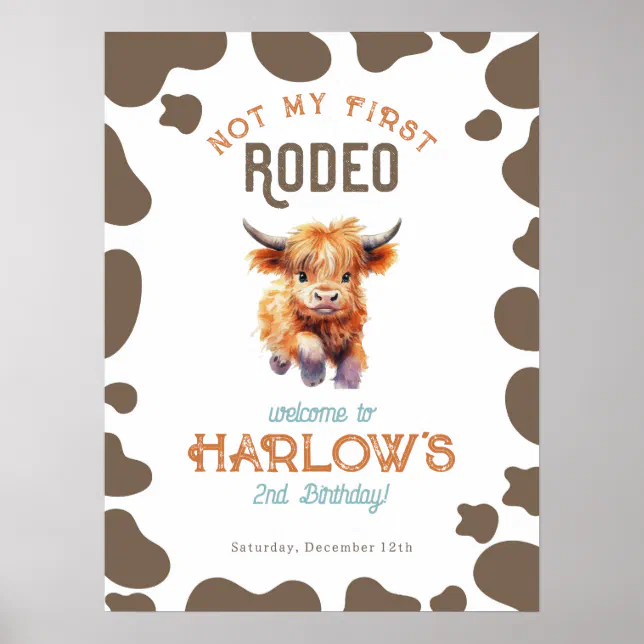Country Highland Cow Not My First Rodeo Birthday Poster | Zazzle