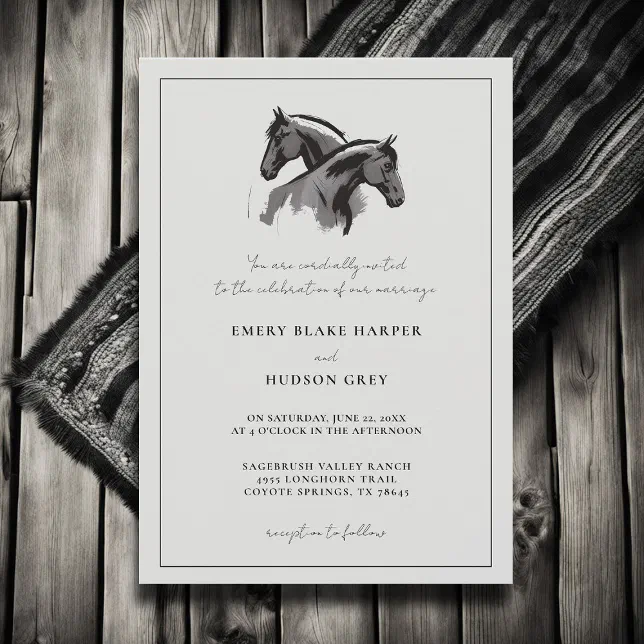 Country Horses Frame Western Elegant BW Wedding Invitation | Zazzle