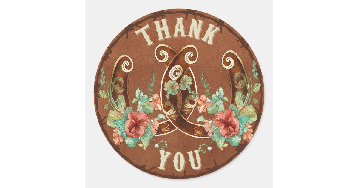 Country Horseshoe and Flowers Thank You Sticker | Zazzle