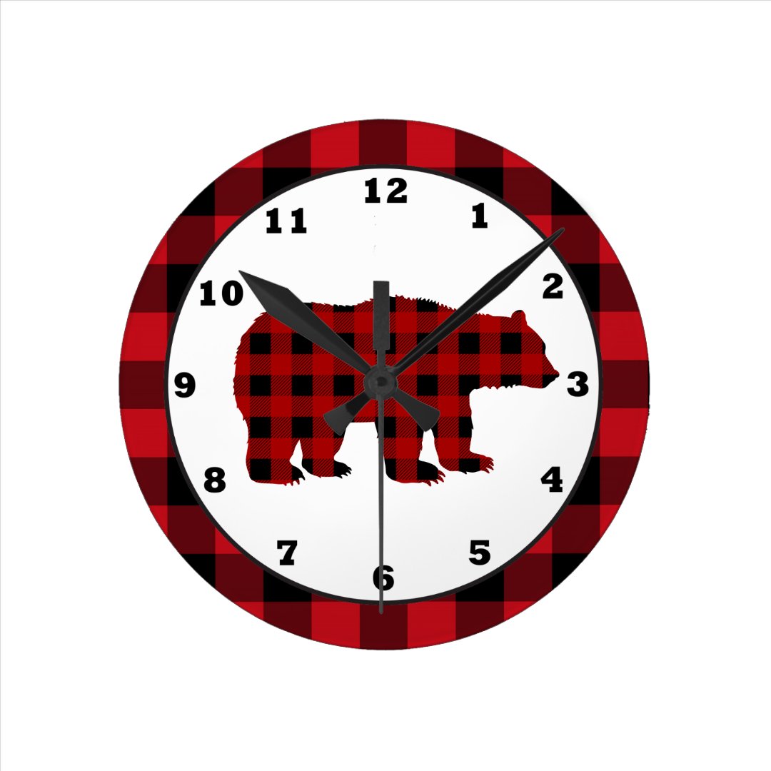 Country kitchen buffalo plaid bear clock | Zazzle
