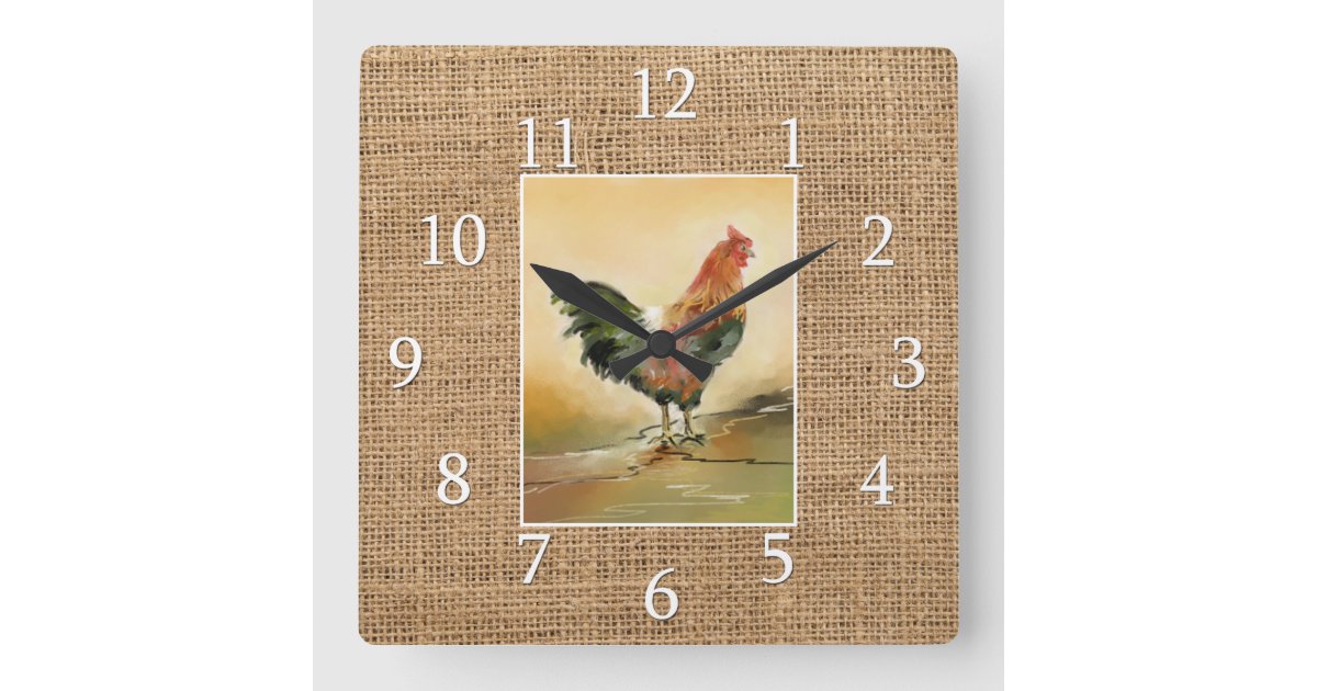 Country Kitchen Rooster Rustic Burlap Farmhouse Square Wall Clock | Zazzle