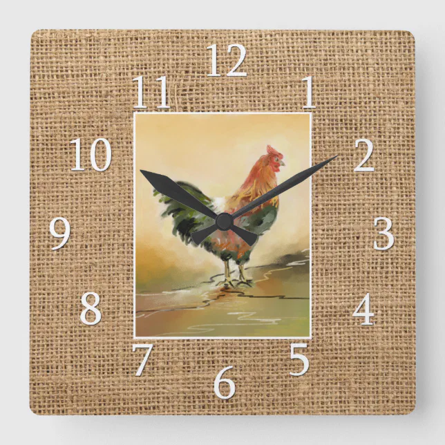 Country Kitchen Rooster Rustic Burlap Farmhouse Square Wall Clock | Zazzle