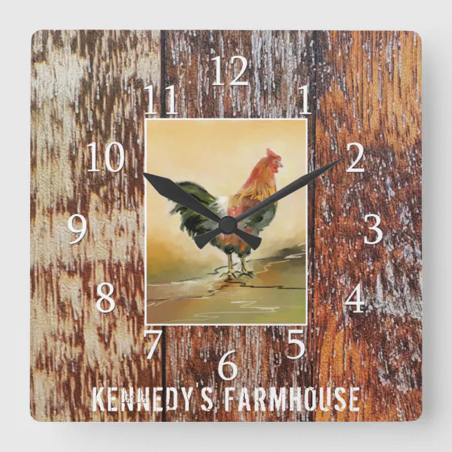Country Kitchen Rooster Rustic Wood Farmhouse Name Square Wall Clock ...