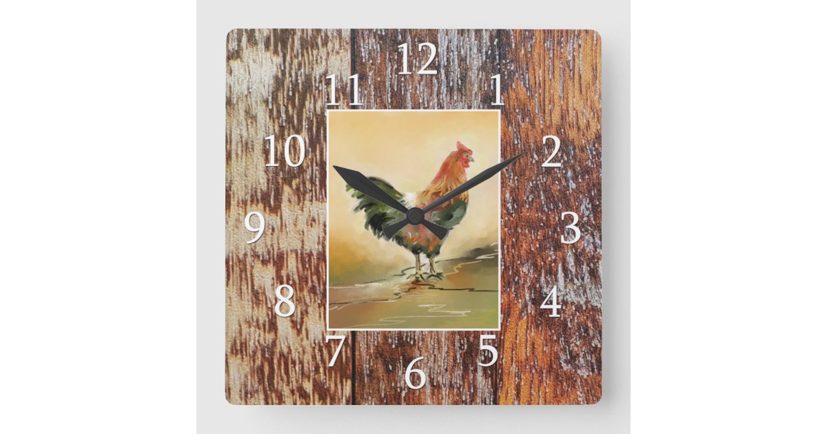 Country Kitchen Rooster Rustic Wood Farmhouse Square Wall Clock | Zazzle