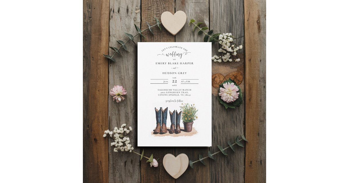 Country Mr Mrs Cowboy Boots Wildflowers Wedding Invitation | Zazzle