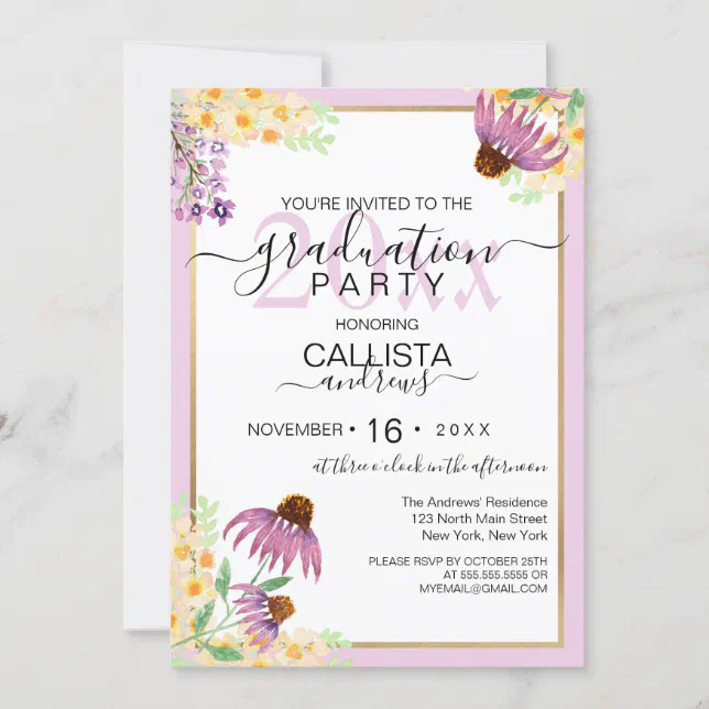 Country Pink Purple Yellow Wild Flowers Graduation Invitation | Zazzle