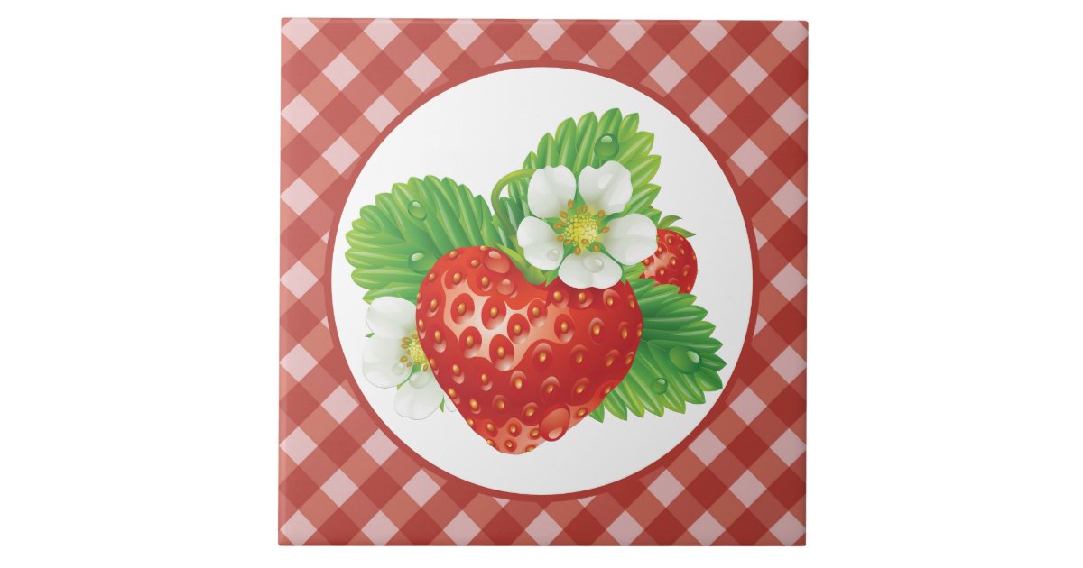 Country plaid kitchen strawberry ceramic tile | Zazzle