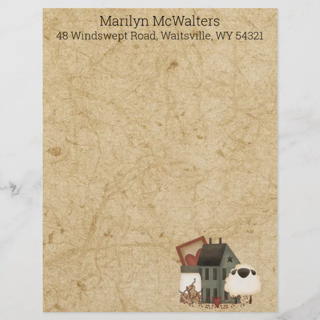 Country Prim Folk Art Green Saltbox, Sheep Letterhead | Zazzle