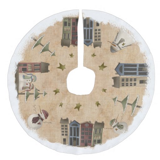 Country Primitive Village and Snowmen Faux Linen Tree Skirt | Zazzle