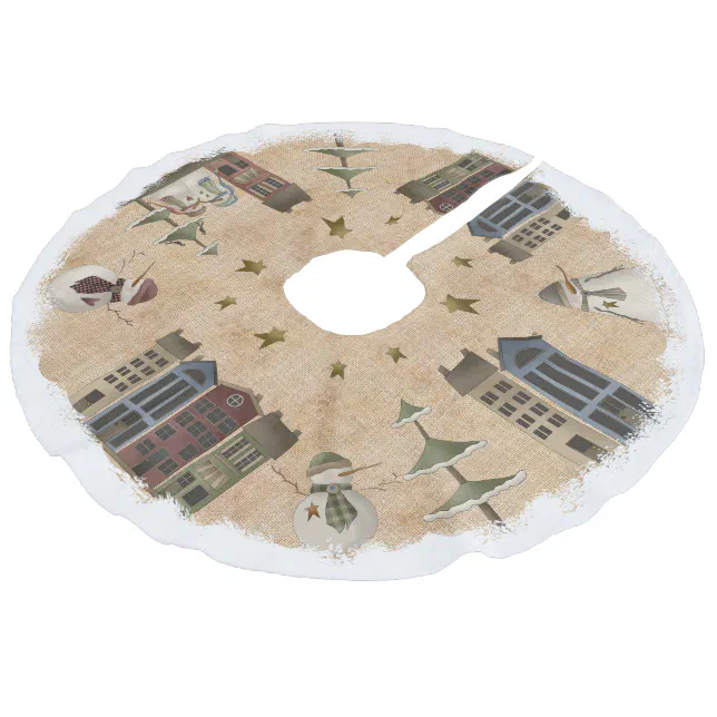 Country Primitive Village and Snowmen Faux Linen Tree Skirt | Zazzle