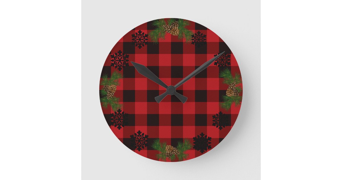 Country red and black plaid pine cone round clock | Zazzle
