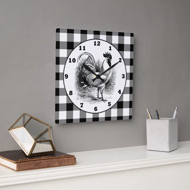 Country Rooster black white check clock | Zazzle