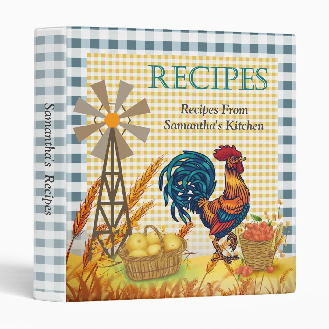 Country Rooster Blue Checkered Recipe Binder | Zazzle