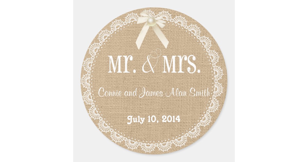 Country Rustic Burlap and Lace Wedding Sticker | Zazzle