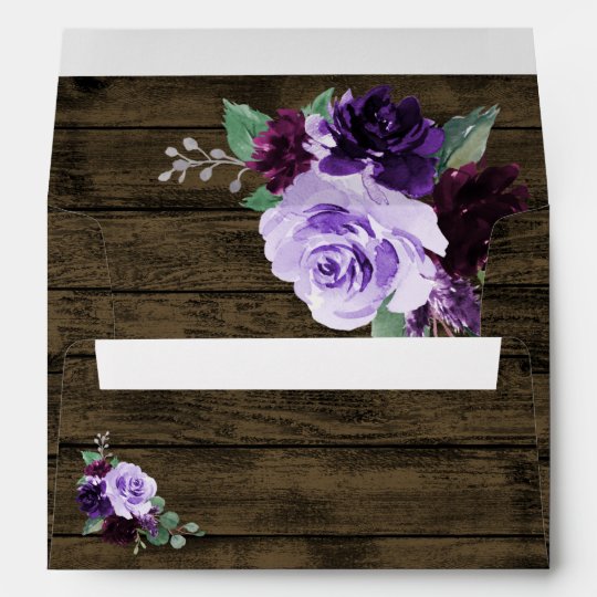 Country Rustic Floral Purple and Gold Wood Wedding Envelope | Zazzle.com