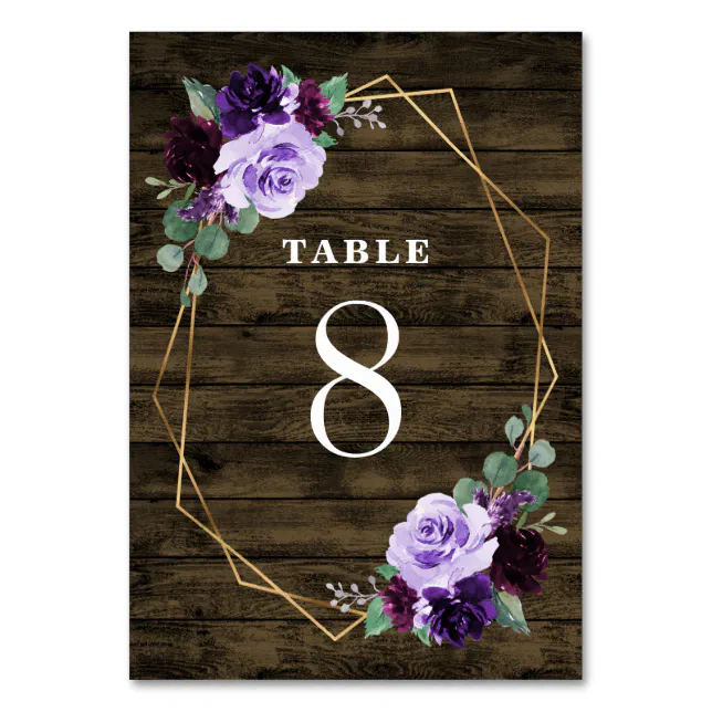Country Rustic Floral Purple and Gold Wood Wedding Table Number | Zazzle