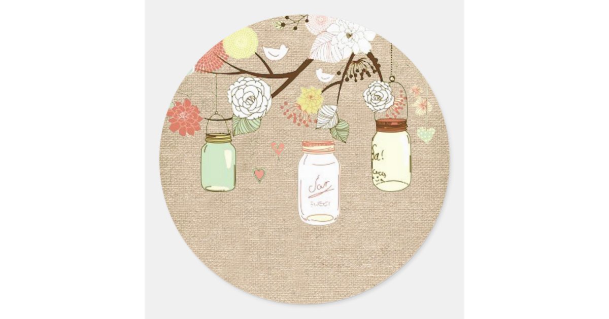 Country Rustic Mason Jars Wedding Burlap Sticker | Zazzle
