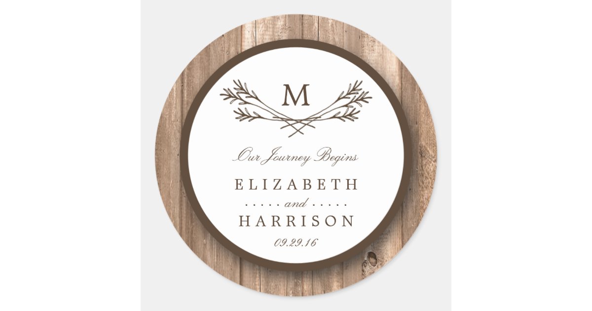 Country Rustic Monogram Branch & Wood Wedding Classic Round Sticker ...