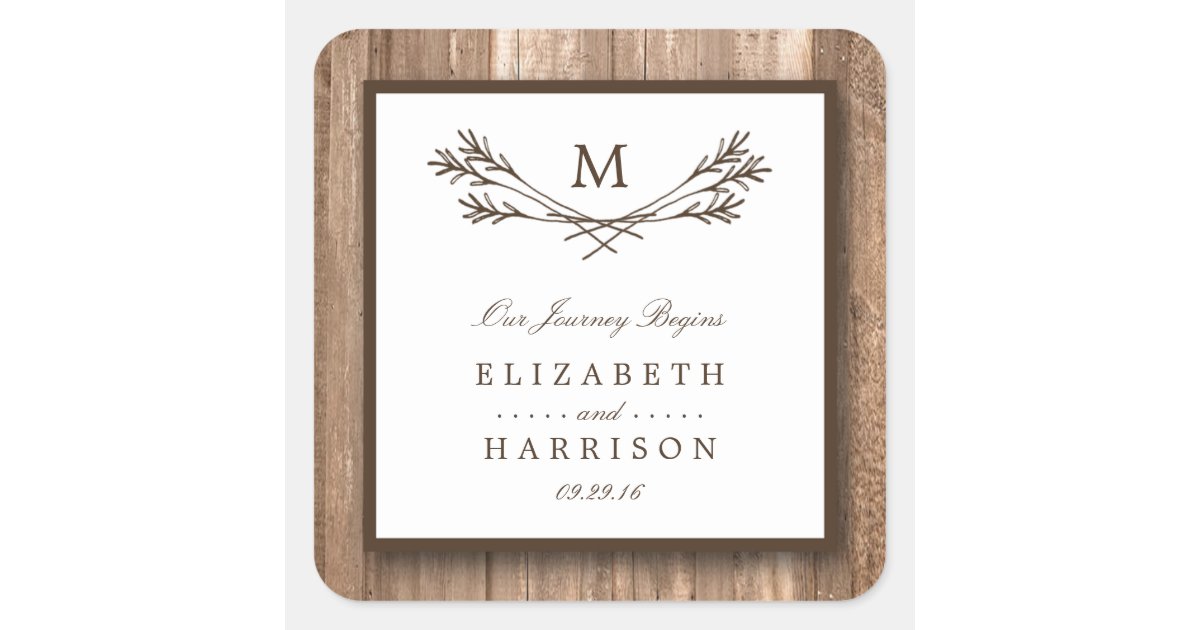 Country Rustic Monogram Branch & Wood Wedding Square Sticker | Zazzle