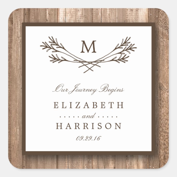 Country Rustic Monogram Branch & Wood Wedding Square Sticker | Zazzle
