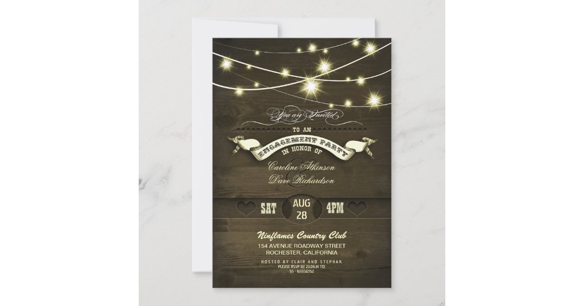 country rustic string lights wood engagement party invitation | Zazzle
