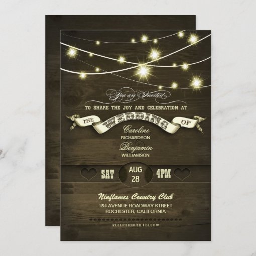 country rustic string lights wood wedding invitation | Zazzle