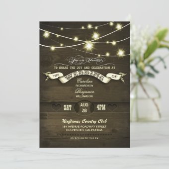 country rustic string lights wood wedding invitation | Zazzle