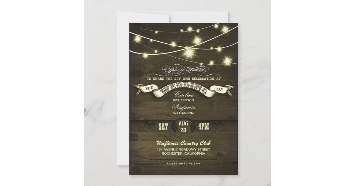 country rustic string lights wood wedding invitation | Zazzle