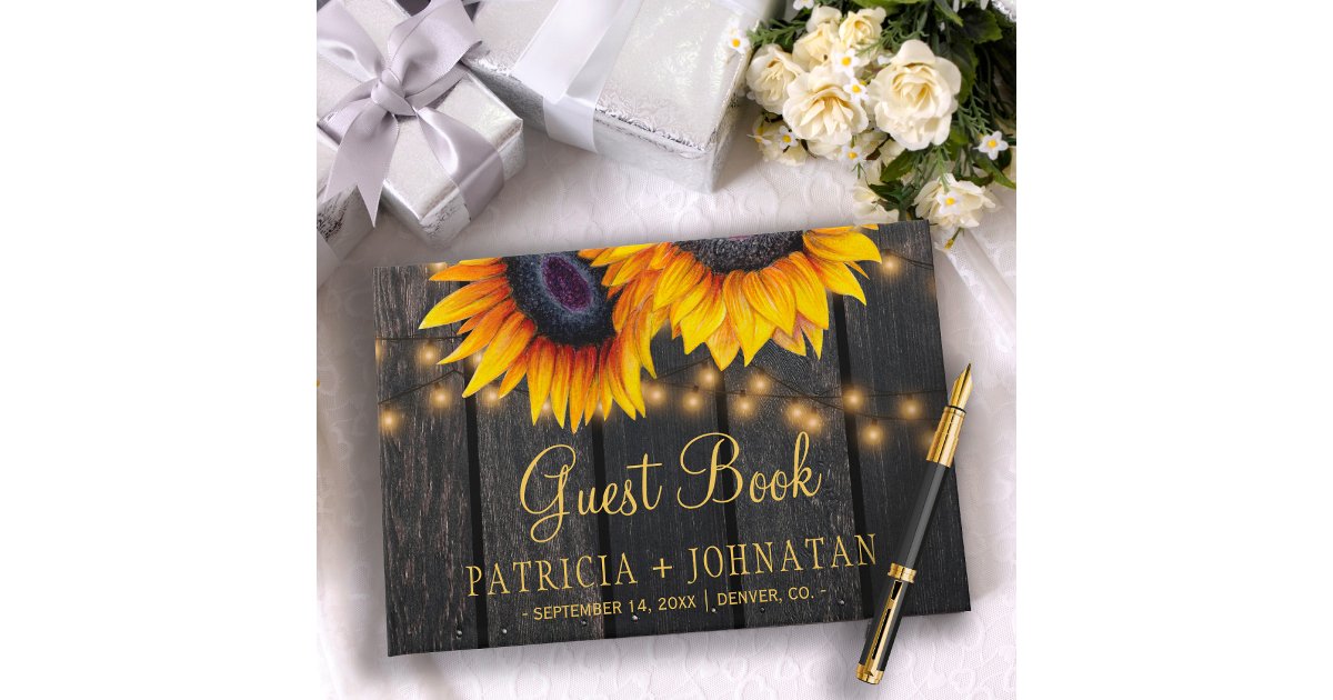 Country rustic sunflowers brown barn wood wedding guest book | Zazzle