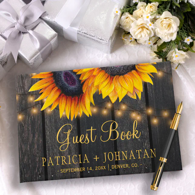 Country rustic sunflowers brown barn wood wedding guest book | Zazzle