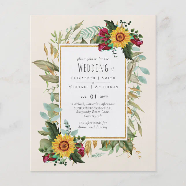 Country Rustic Sunflowers Burgundy Roses Wedding Flyer | Zazzle