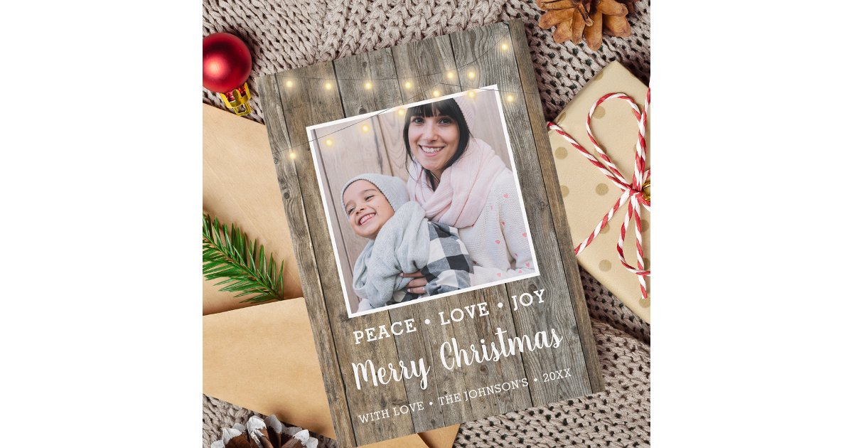 Country Rustic Wood Lights Photo Holiday Card | Zazzle