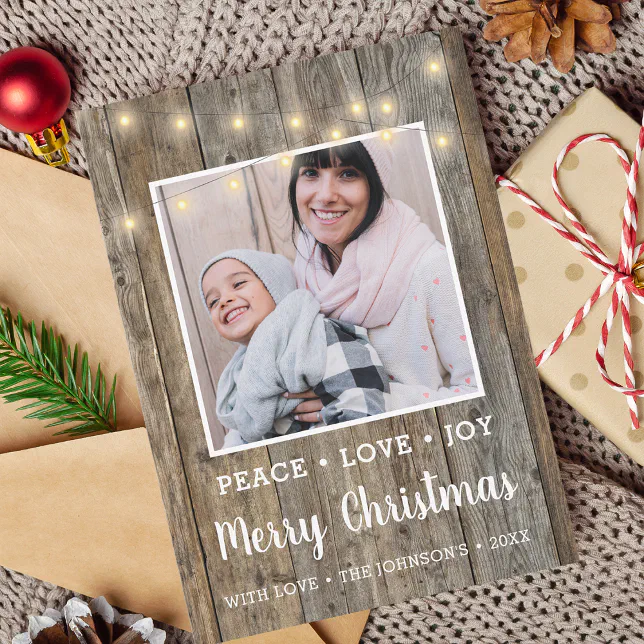 Country Rustic Wood Lights Photo Holiday Card | Zazzle